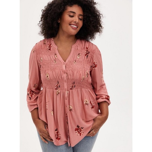 torrid | Tops | Torrid Pink Floral Babydoll Twill Smocked Buttonfront ...